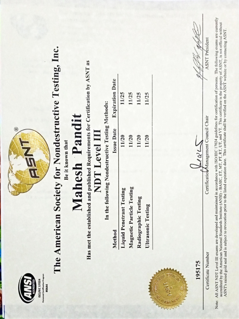 NDT L-III CERT | PDF