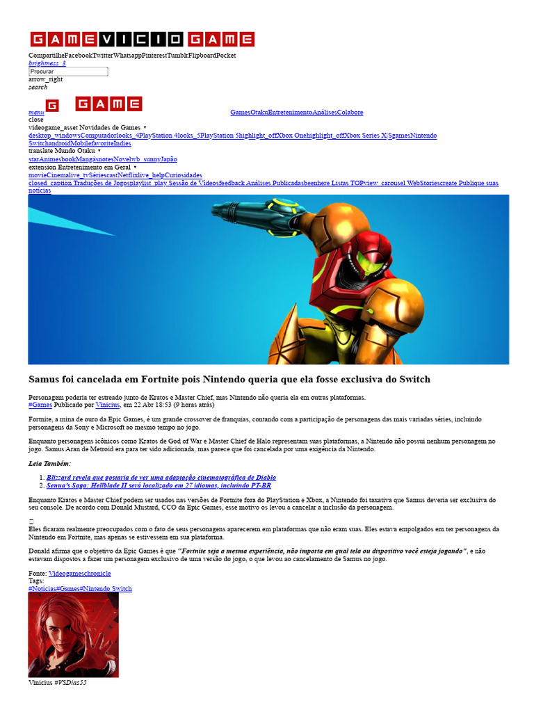 Samus Foi Cancelada em Fortnite Pois Nintendo Queria Que Ela Fosse ...