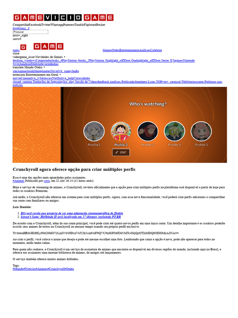 Crunchyroll Agora Oferece Opção para Criar Múltiplos Perfis | PDF ...