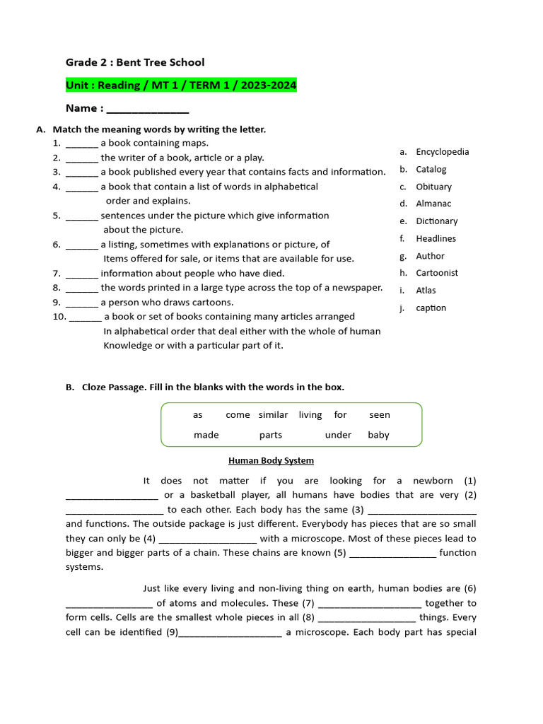 Grade 2 - READING - MT 1 - TERM 2 | PDF | Lung | Breathing