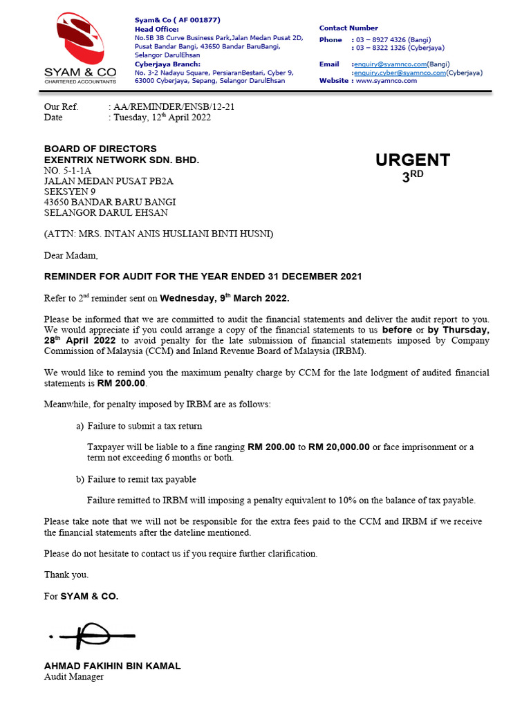 3rd Reminder Letter - Exentrix Network Sdn. Bhd. | PDF | Payments | Money