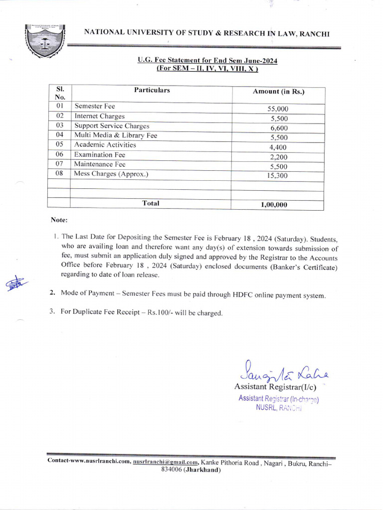 UG Fee Statement For End Sem June 2024 | PDF