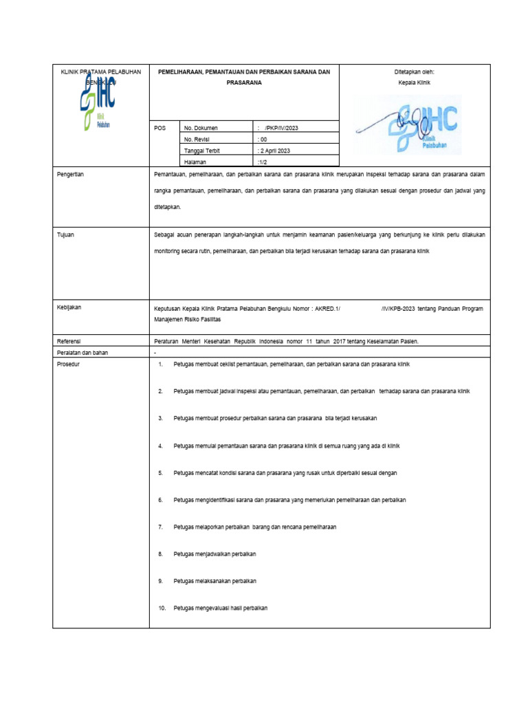 Sop Pemeliharaan, Pemantauan Dan Perbaikan Sarana Dan Prasarana | PDF