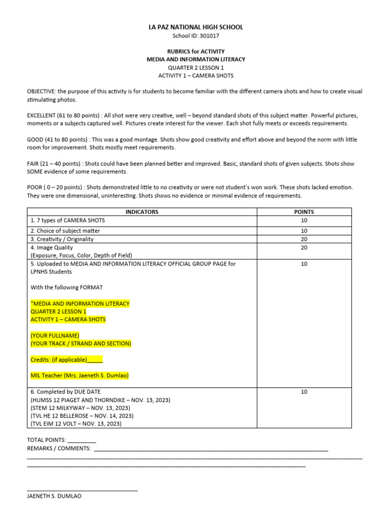 RUBRICS For ACTIVITY MIL - Camera Shots | PDF | Camera | Vision
