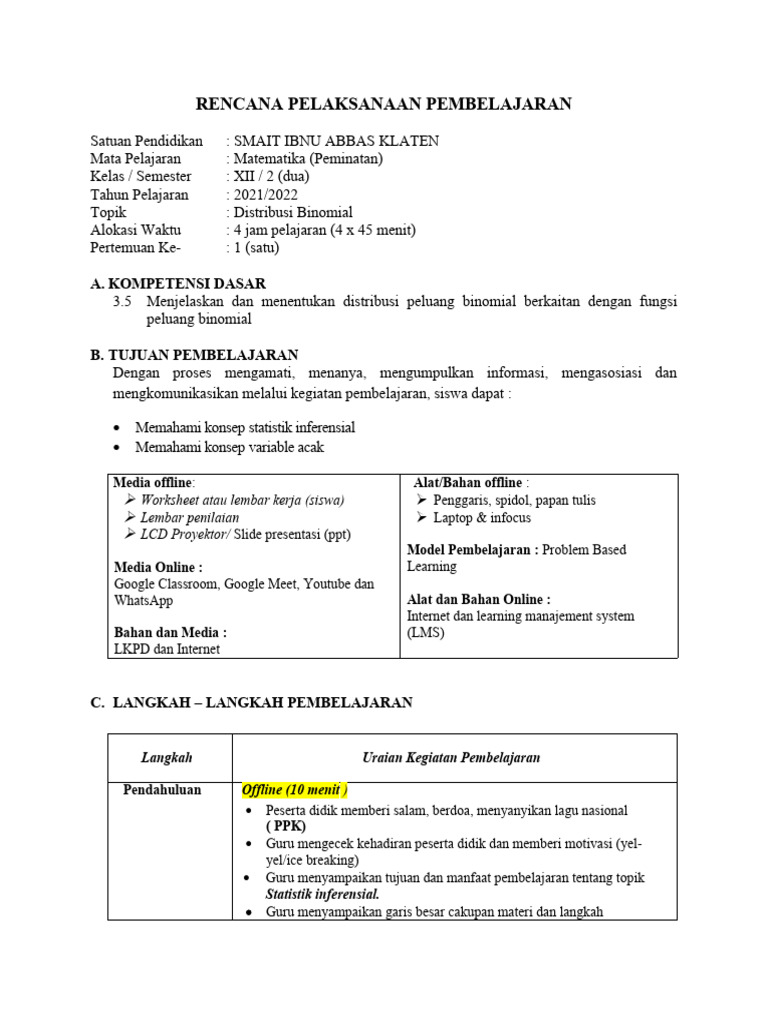 RPP Distribusi Binomial (Blended) 12 Genap | PDF