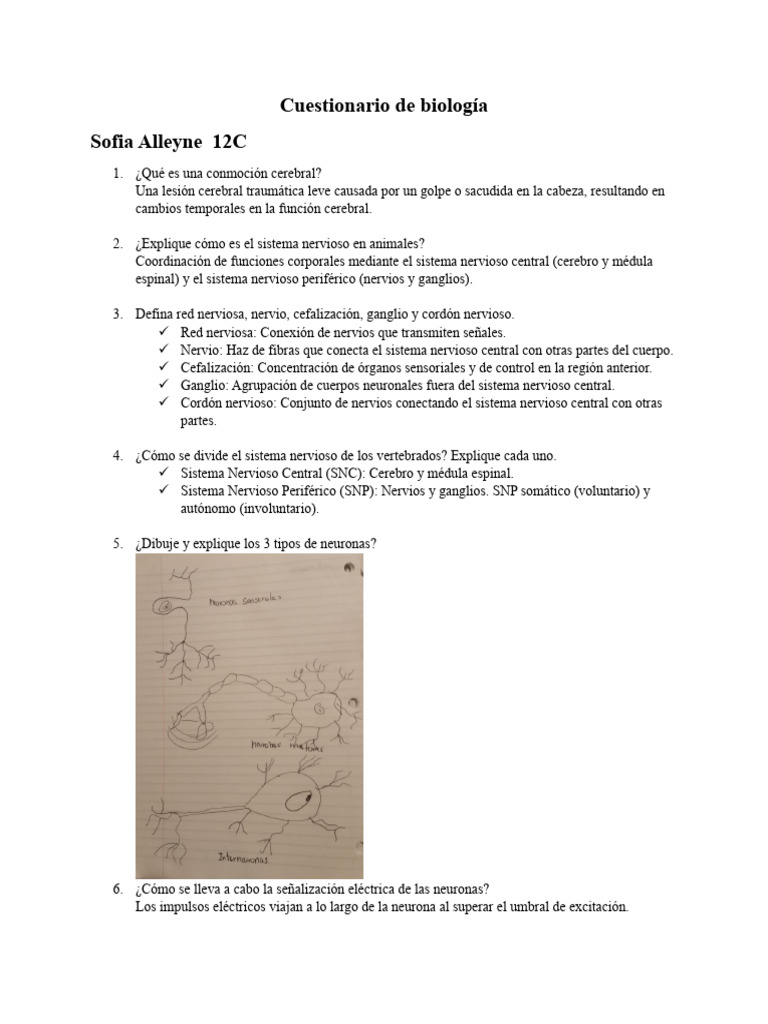 Cuestionario de Biología | PDF | Sistema nervioso | Cerebro