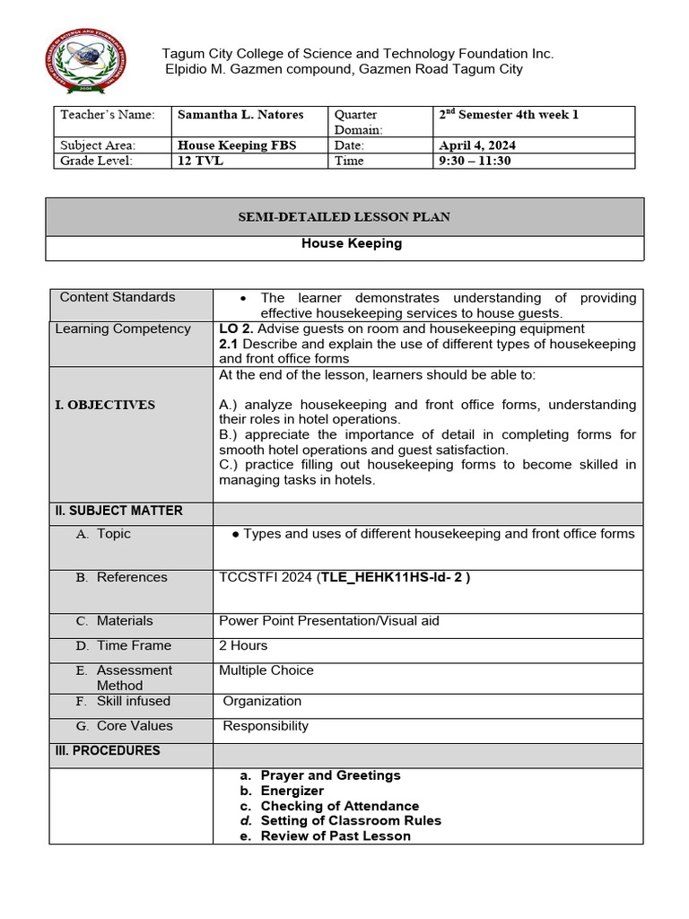Lesson Plan 07 | PDF | Lesson Plan | Housekeeping