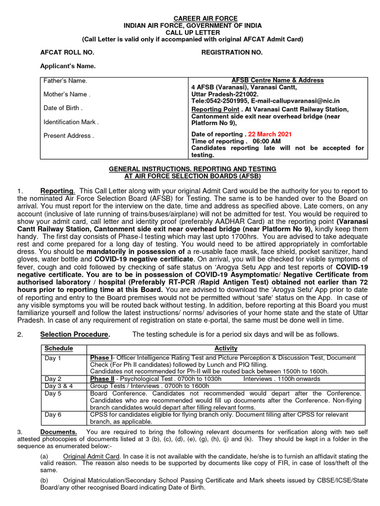 Call Letter Afcat 22 March 21 | PDF | Identity Document