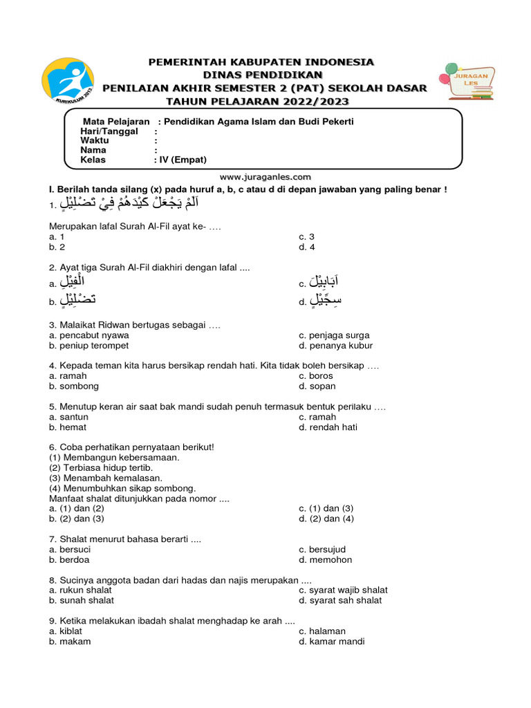 Soal PAT-PAI - Kelas 4 Semester 2 Tahun Ajaran 2022-2023 | PDF