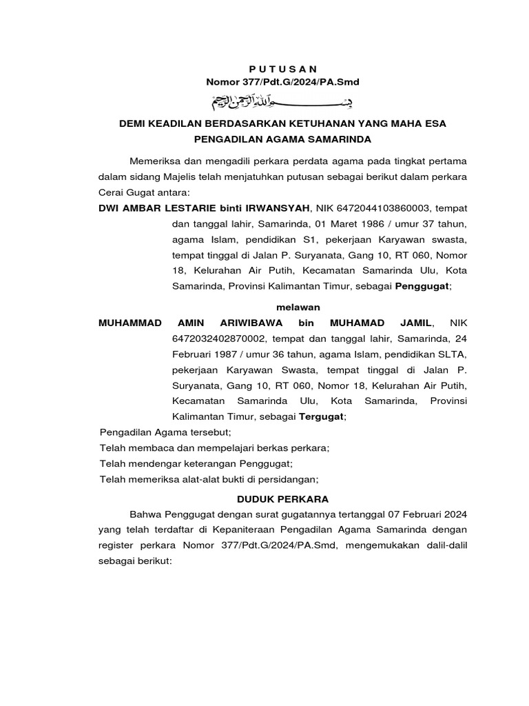 Salinan Putusan 377 PDT G 2024 PA SMD | PDF | Hukum