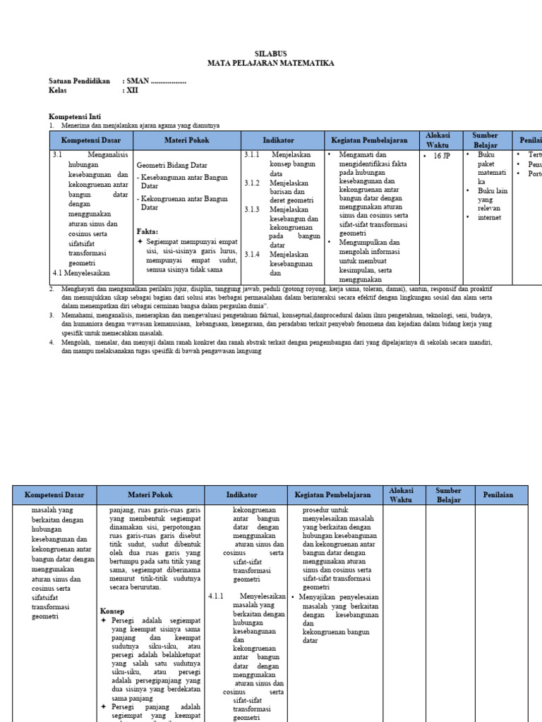 Silabus MTK Wajib Kelas 12 Ipa | PDF