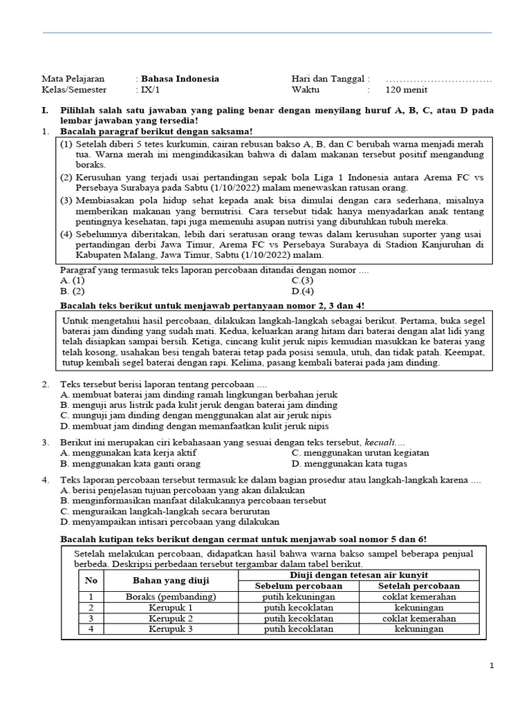 Soal PAS B.Indo Kelas 9 2022 K4M SURAKARTA | PDF