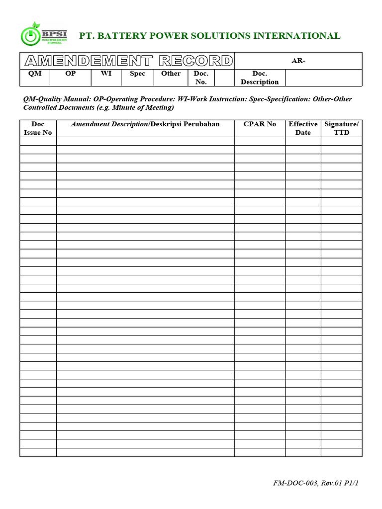 FM-DOC-003 Amandment Record Rev.01 | PDF