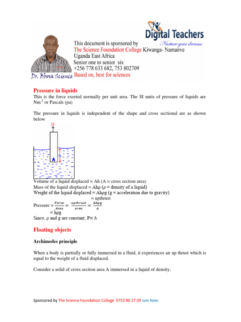 Liquid Pressure and Floatation | PDF | Buoyancy | Viscosity