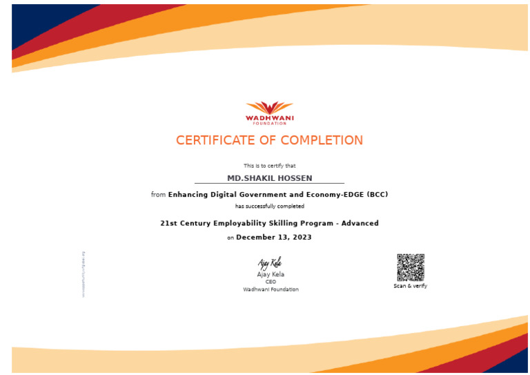 Wadhwani Foundation Certificate - 657988438c30de8667bedc58 | PDF
