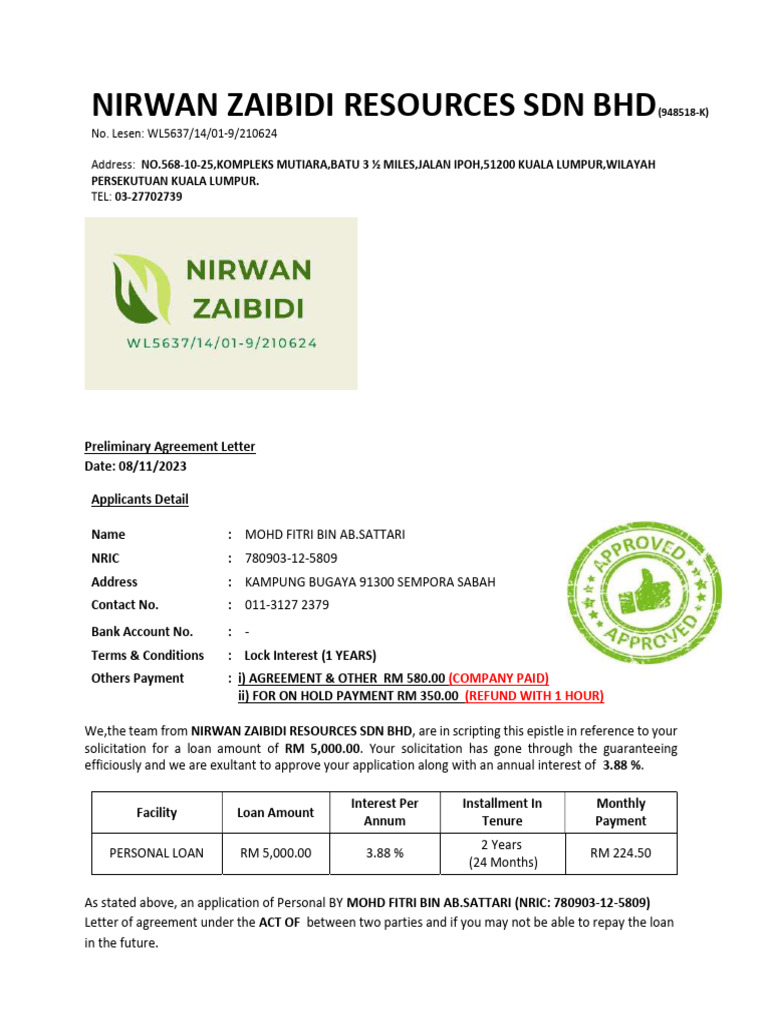 Mohd Fitri Bin Ab - Sattari 5K Approved | PDF | Loans | Debtor