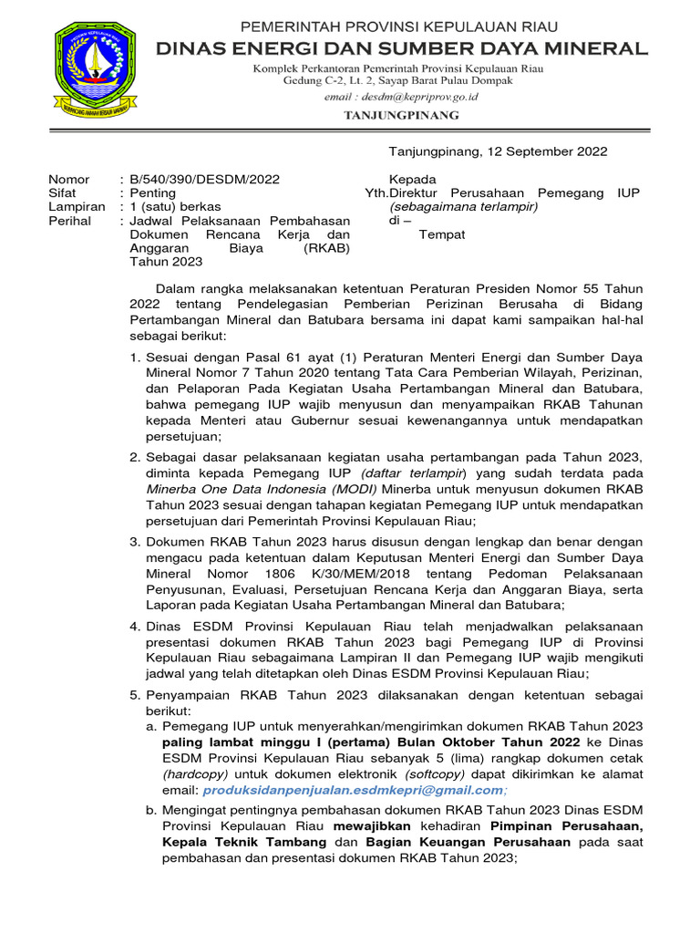 SRT KD ke Direktur Perusahaan Pemegang IUP Jadwal Pelaksanaan ...