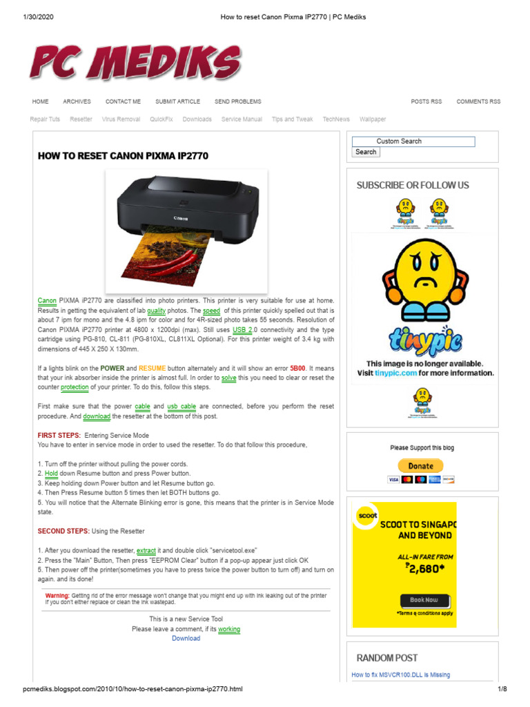 How To Reset Canon Pixma IP2770 - PC Mediks | PDF | Microsoft Windows | Printer (Computing)