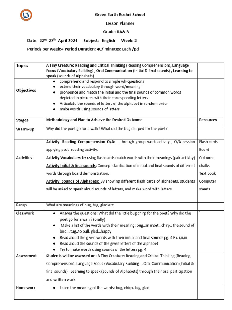 English Planner Week2 Grade II A B 1 PDF Reading Comprehension