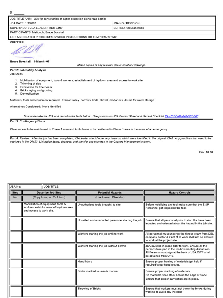 C163 JSA For Batter Protection On South Side of Flare Line | PDF | Working Conditions ...