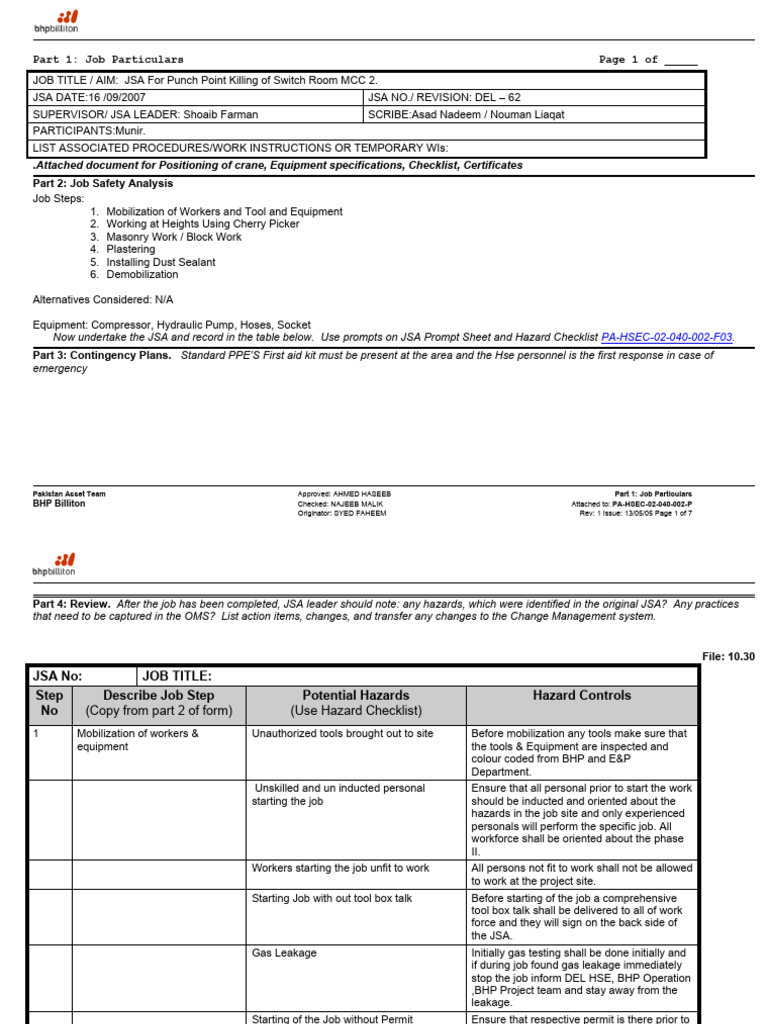 Job Safety Analysis for MCC 2 Tasks | PDF | Personal Protective ...