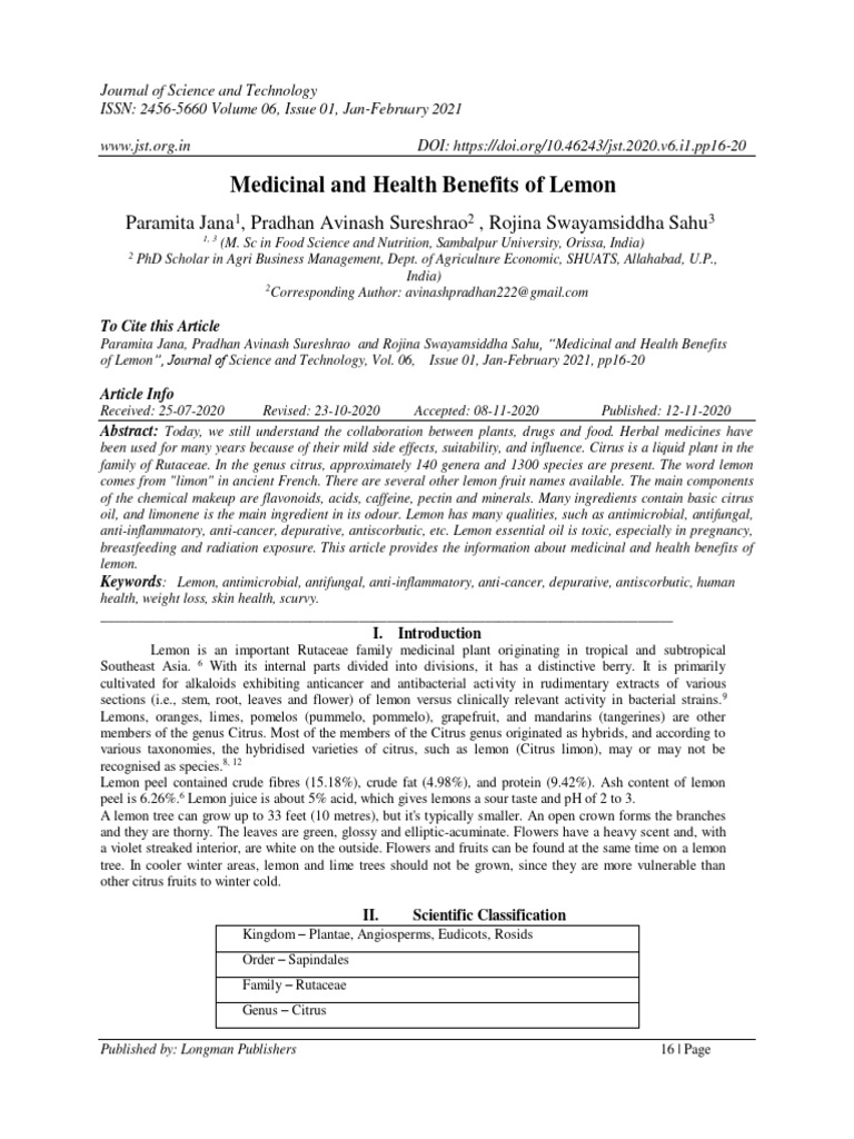 Medicinal and Health Benefits of Lemon | PDF | Lemon | Citrus