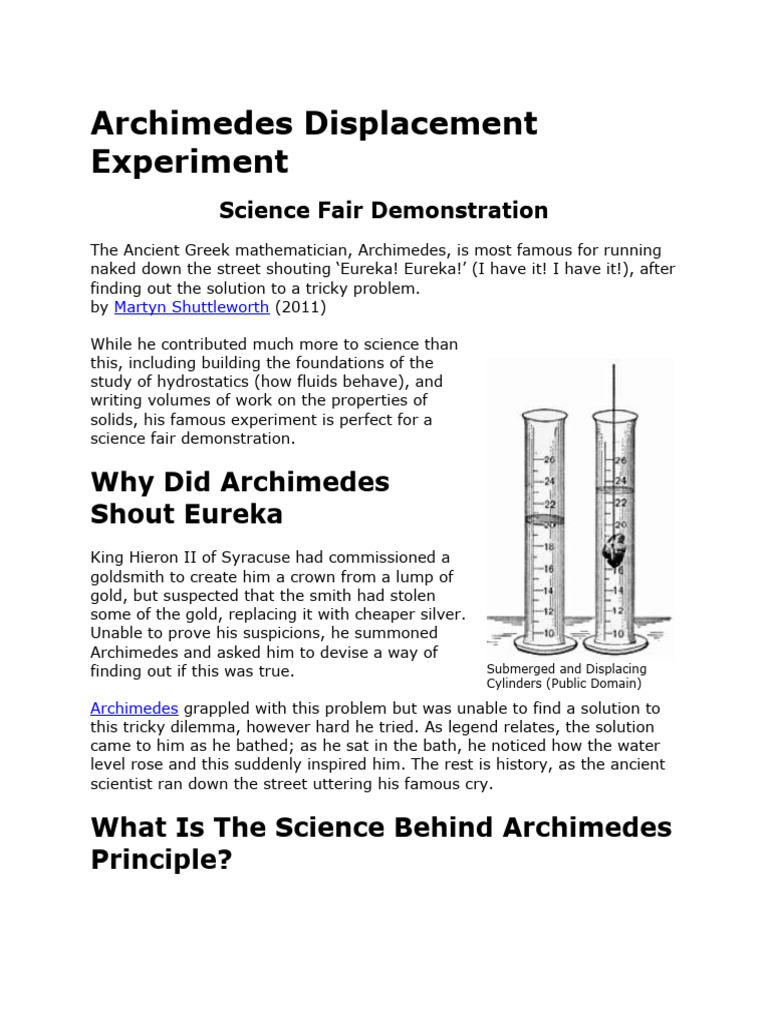 Archimedes' Water Displacement Experiment | PDF | Density | Volume