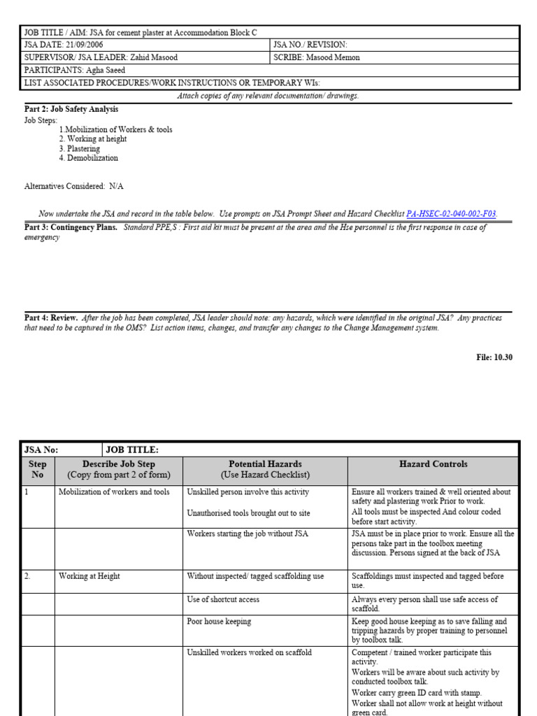 JSA for Cement Plastering Safety | PDF | Occupational Safety And Health | Labor Relations