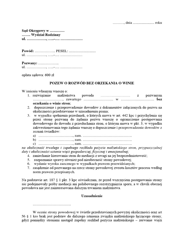 Pozew o Rozwód Bez Orzekania o Winie V | PDF