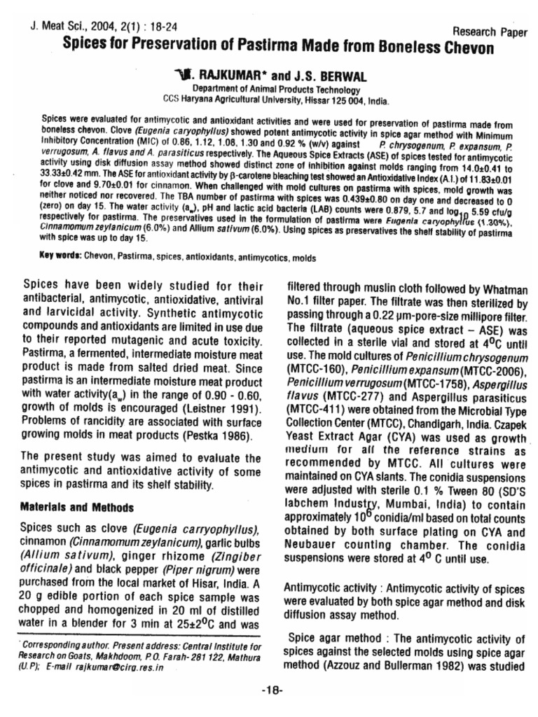2004 - 2 - JMS Pastirma Meat Article - Rajkumar Et Al | PDF