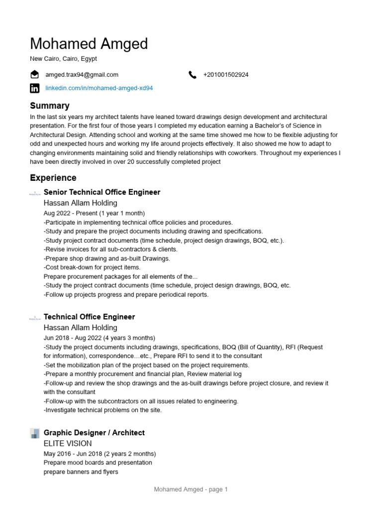 Resume Mohamed Amged Ahmed | PDF | Linked In | Building Information Modeling