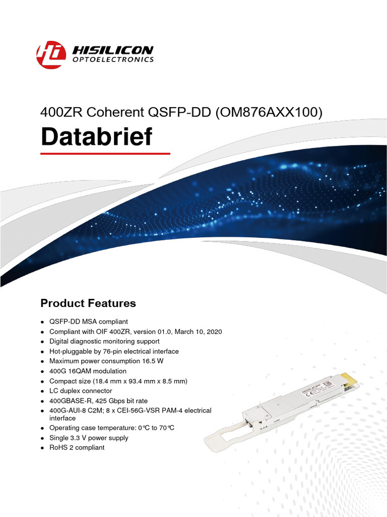 400ZR Coherent QSFP-DD OM876AXX100 Databrief Rev1-1 | PDF | Electronics | Physical Layer Protocols