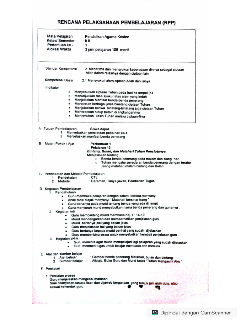 RPP PAK KLS 1 Semester 2 | PDF