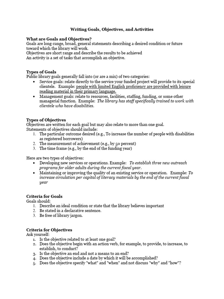 Writing Goals Objectives and Activities | PDF | Libraries | Goal