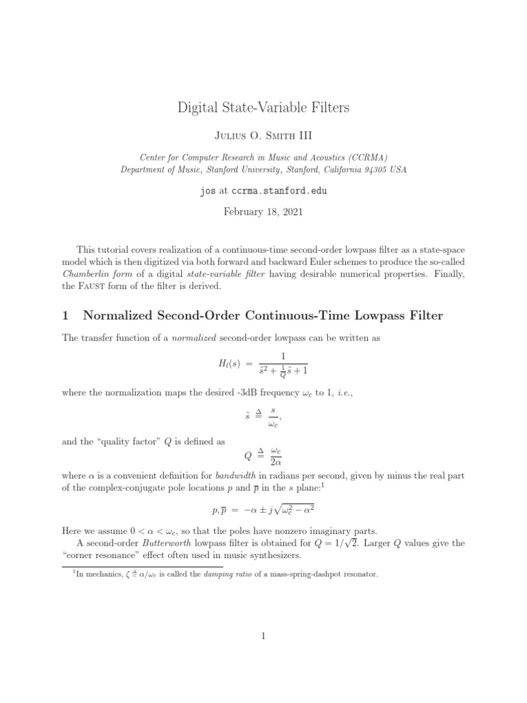 Digital State-Variable Filters: 1 Normalized Second-Order Continuous ...