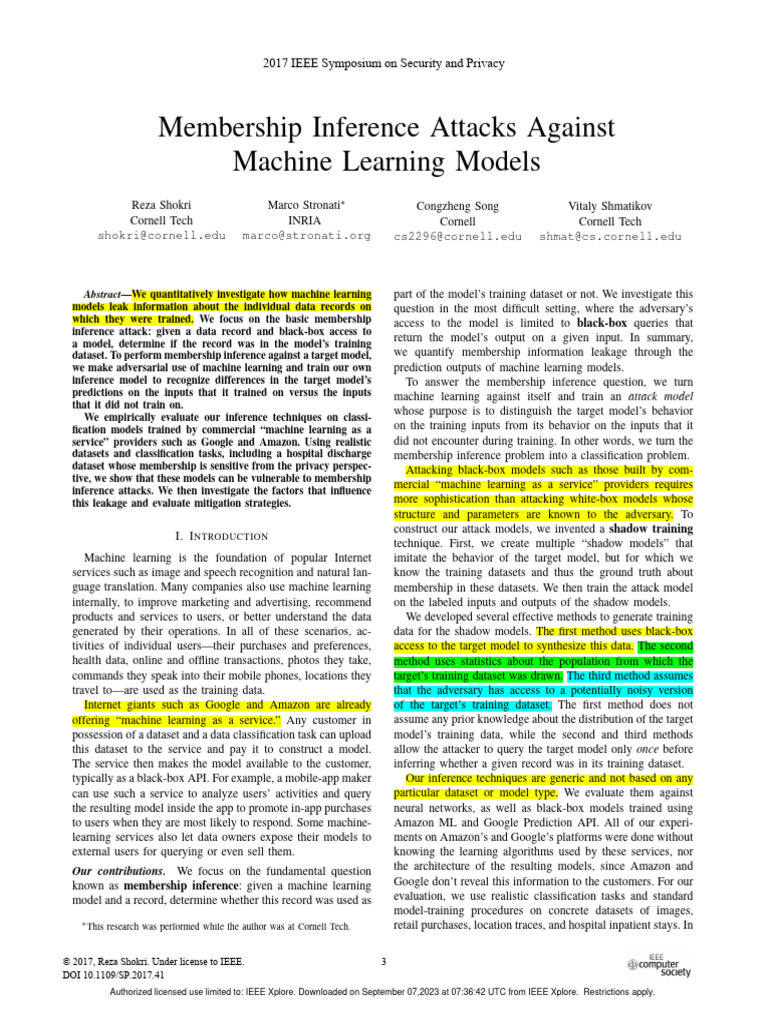 Membership Inference Attacks Against Machine Learning Models | PDF | Machine Learning ...