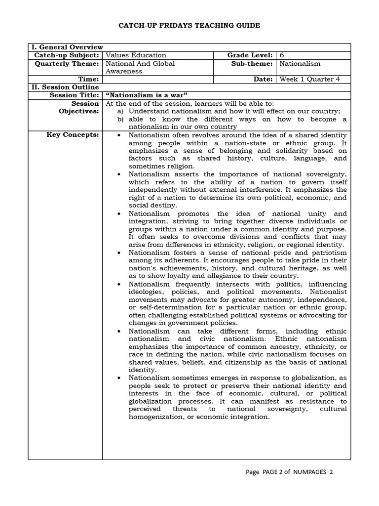 Grade 6 Values Ed | PDF | Nationalism | Nation