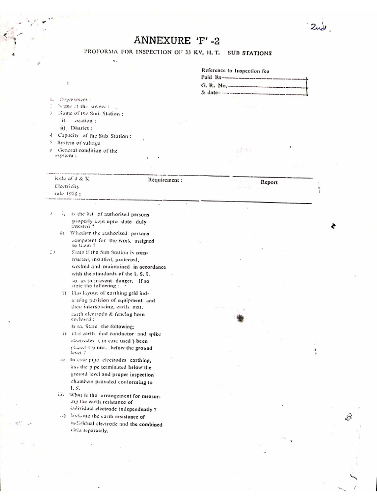 Proforma For Inspection of 33 KV, H.T Sub Stations. (Annexure 'F'-2. | PDF