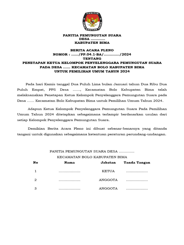 b.2. Format Ba Pleno Pps Penetapan Ketua Kpps | PDF