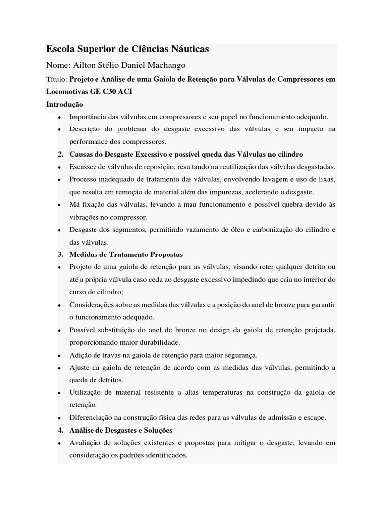 Proposta Para O Projeto E Análise De Uma Gaiola De Retenção Para Válvulas De Compressores Em