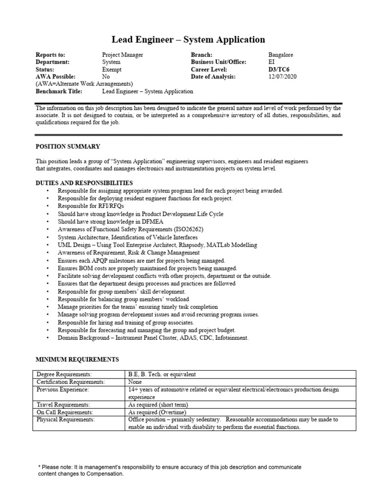 JD - Lead System Engineer | PDF | Engineering | Computing