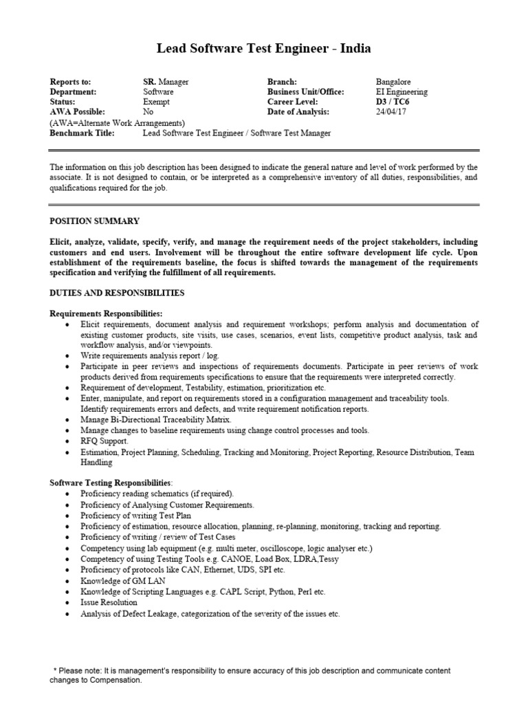 JD - Lead Software Test Engineer | PDF | Software Testing | Computer ...