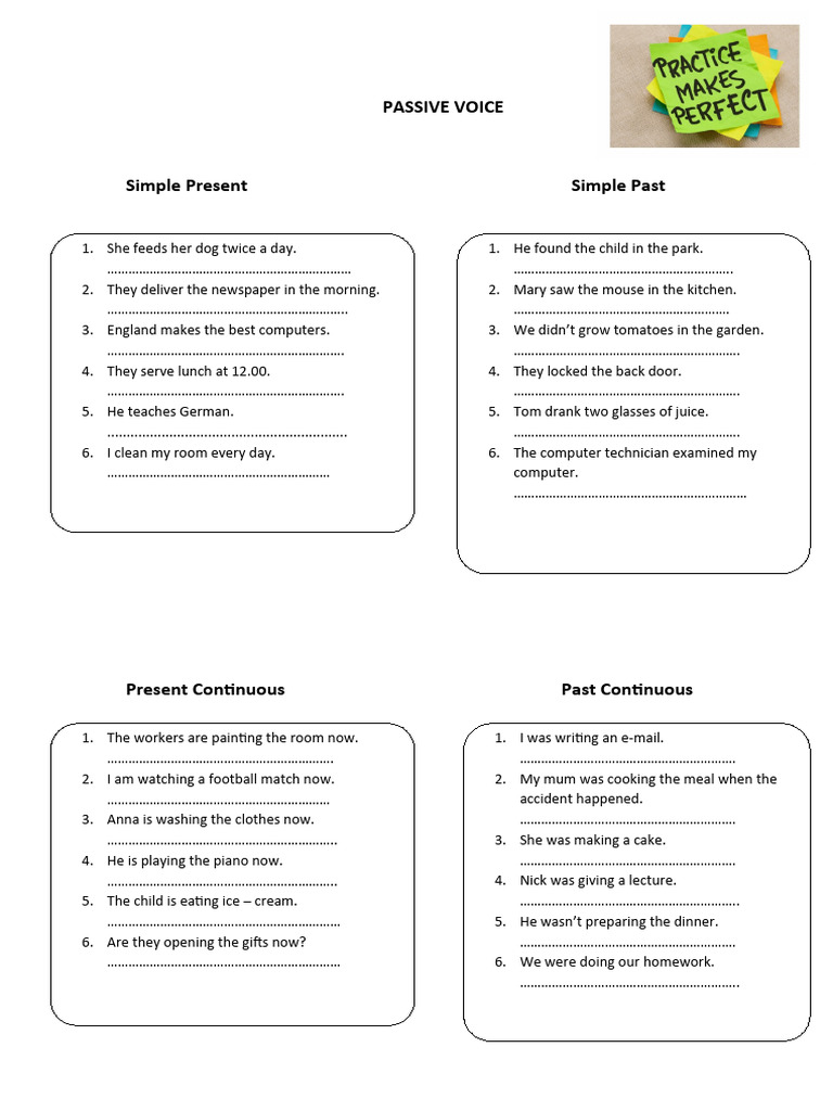 Passive Voice Exercises for All Tenses | PDF | Cooking, Food & Wine ...