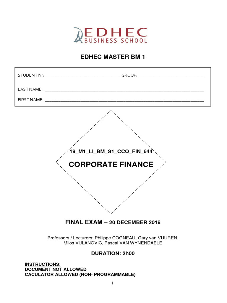 EDHEC Master BM Corporate Finance Exam | PDF | Bonds (Finance) | Capital Asset Pricing Model