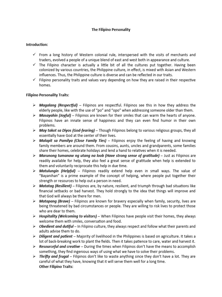 The Filipino Personality | PDF | Philippines | Aggression