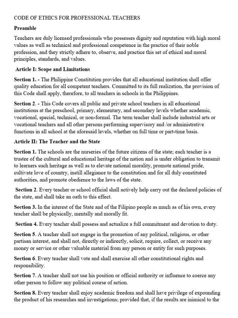 Code of Ethics For Professional Teachers | PDF | Teachers | Disciplines