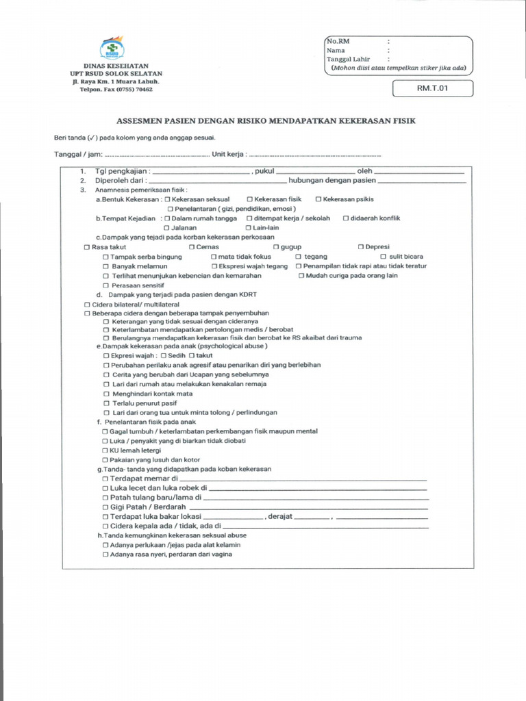RM.T.01 Asessemen Pasien Dengan Risiko Mendaptkan Kekerasan Fisik | PDF