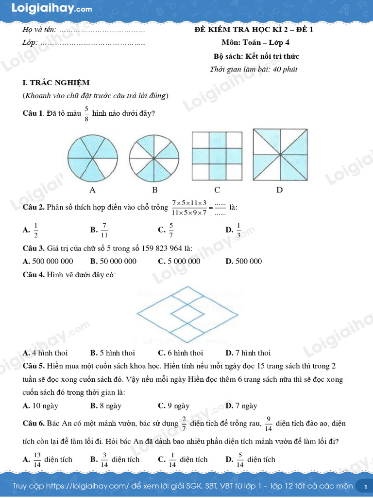 De Kiem Tra Hoc Ki 2 Toan 4 Ket Noi Tri Thuc de So 1 1710597195 | PDF