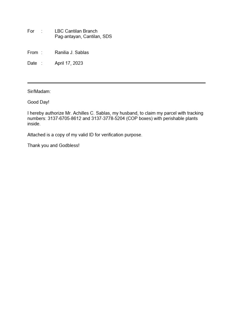 Authorization Letter - LBC | PDF