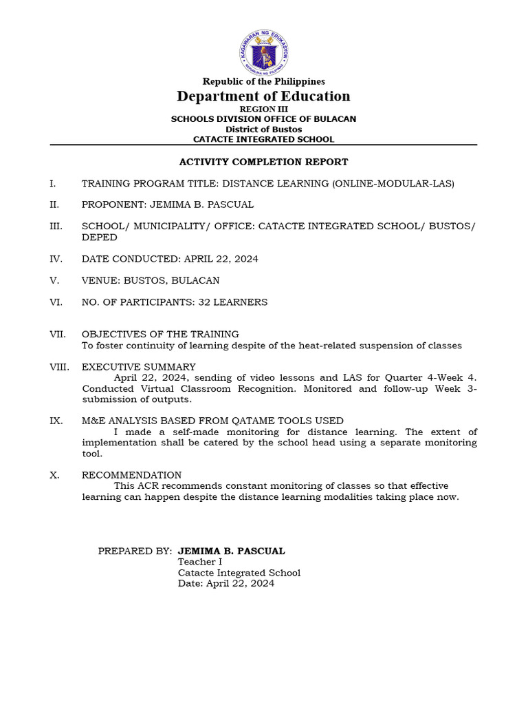 Distance Learning Training Report 2024 | PDF | Distance Education ...